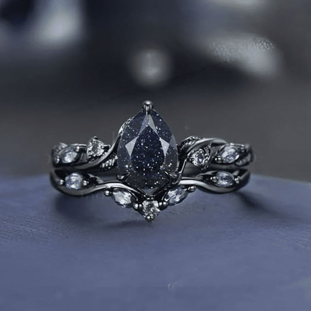 Pear Cut Galaxy Starry Sky Blue Sandstone Alexandrite Wedding Ring Set ...