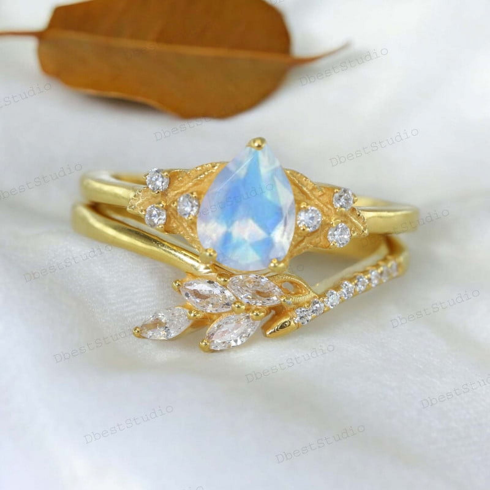 Pear Cut Moonstone Bridal Ring Set Women Diamond Curved Matching Band ...