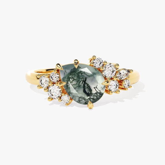 Pear Cut Moss Agate & Diamond Cluster Ring, Engagement Ring, Marquise ...
