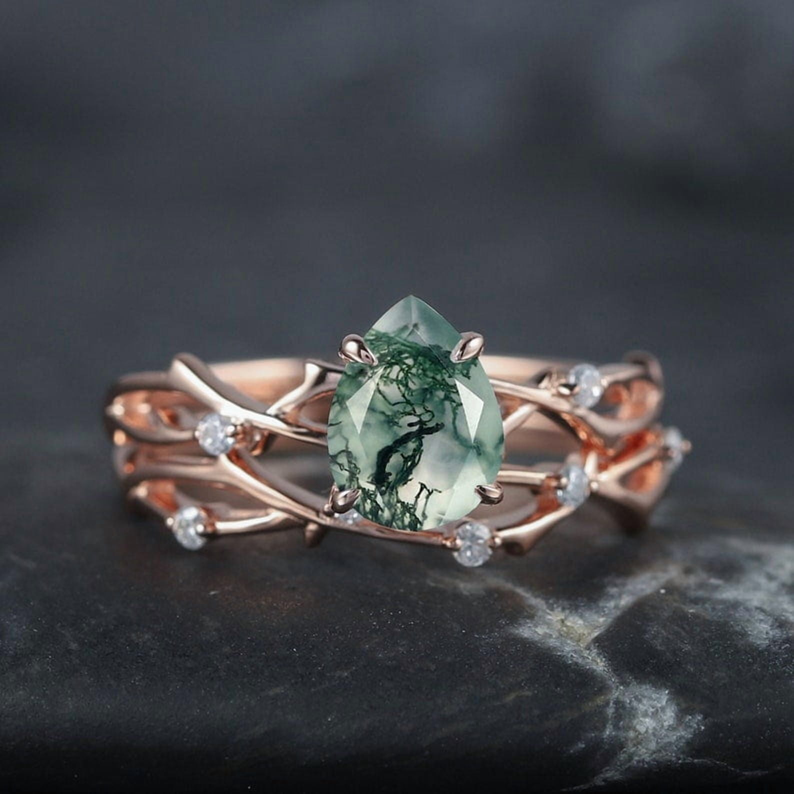 Pear Cut Moss Agate Diamond Engagement Ring Set 14K Gold Moissanite ...