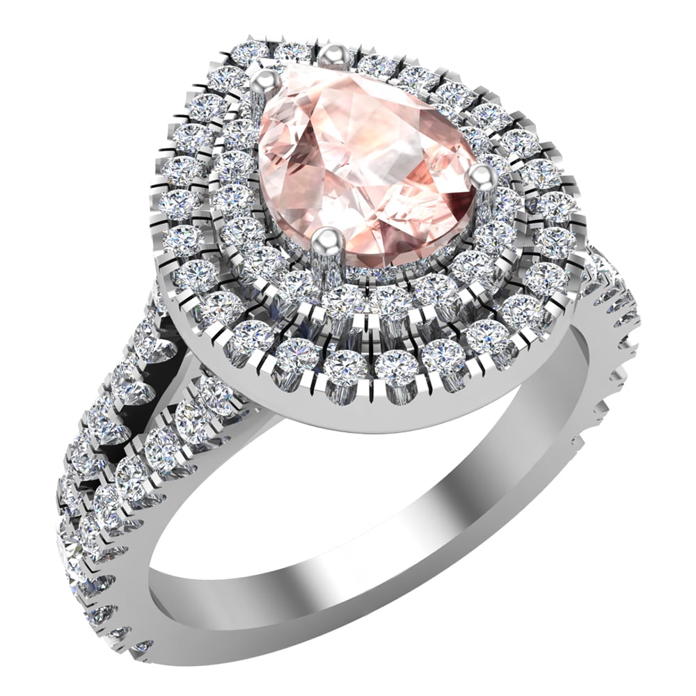 Pear Cut Pink Morganite Double Halo Engagement Ring Split Shank 14K ...