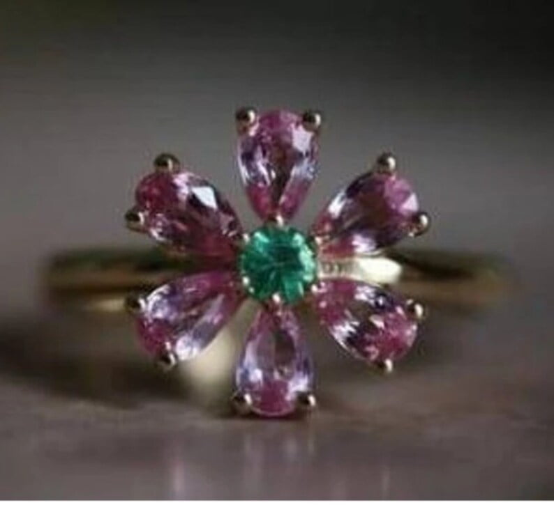 Pear Cut Pink Sapphire Engagement Flower Ring, 925 Silver Promise Ring ...