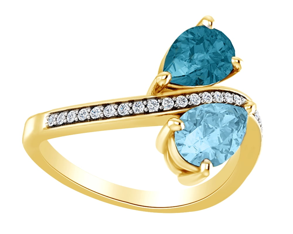 AFFY Pear Cut Simulated Landon Blue Topaz Bypass Engagement Ring In 14K ...