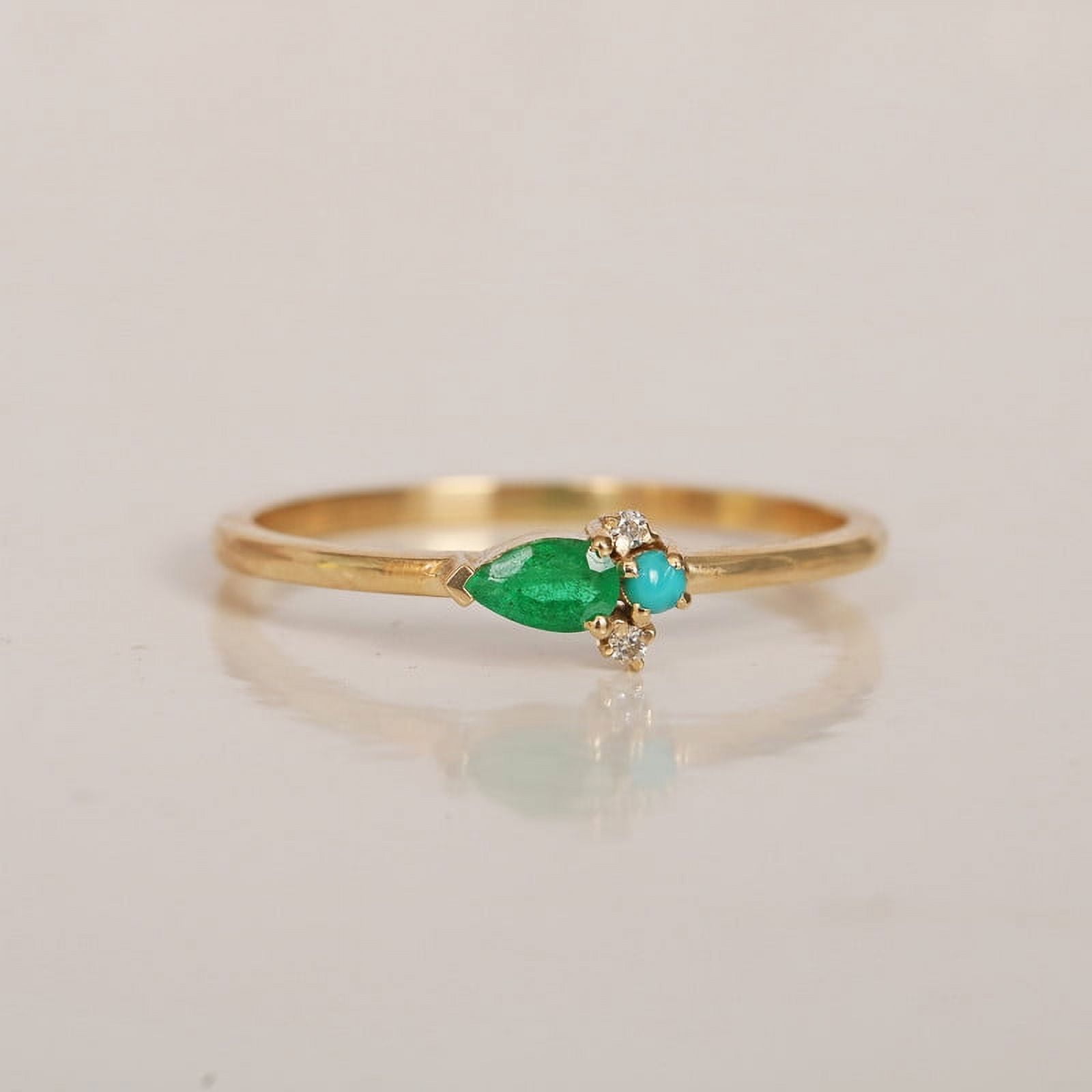 Pear Emerald, Turquoise & Diamond Ring, Dainty Stackable Ring, 925 ...