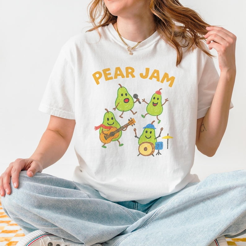 Pear Jam Tee Funny Crayon Fruit Band Silly Hand-Drawn Weirdcore Parody ...