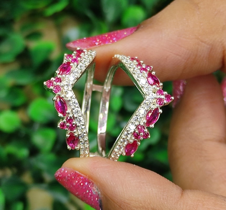 Marquise & Round Cut Pink Ruby Enhancer Ring in 925 Sterling Silver ...