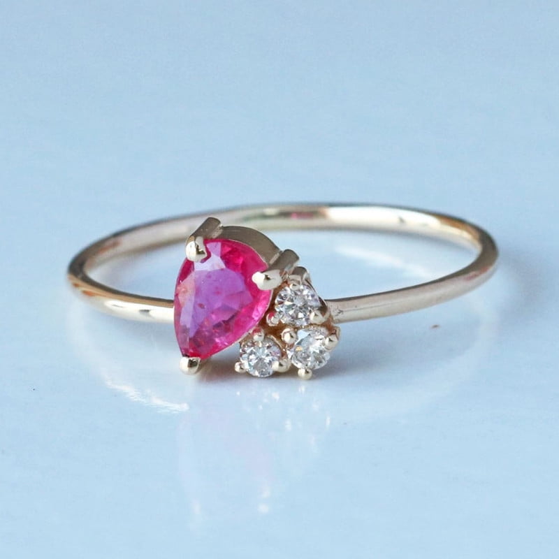 Pear Ruby & Trio Diamonds Band Gamstone Ring, Cluster Ring, Handmand ...
