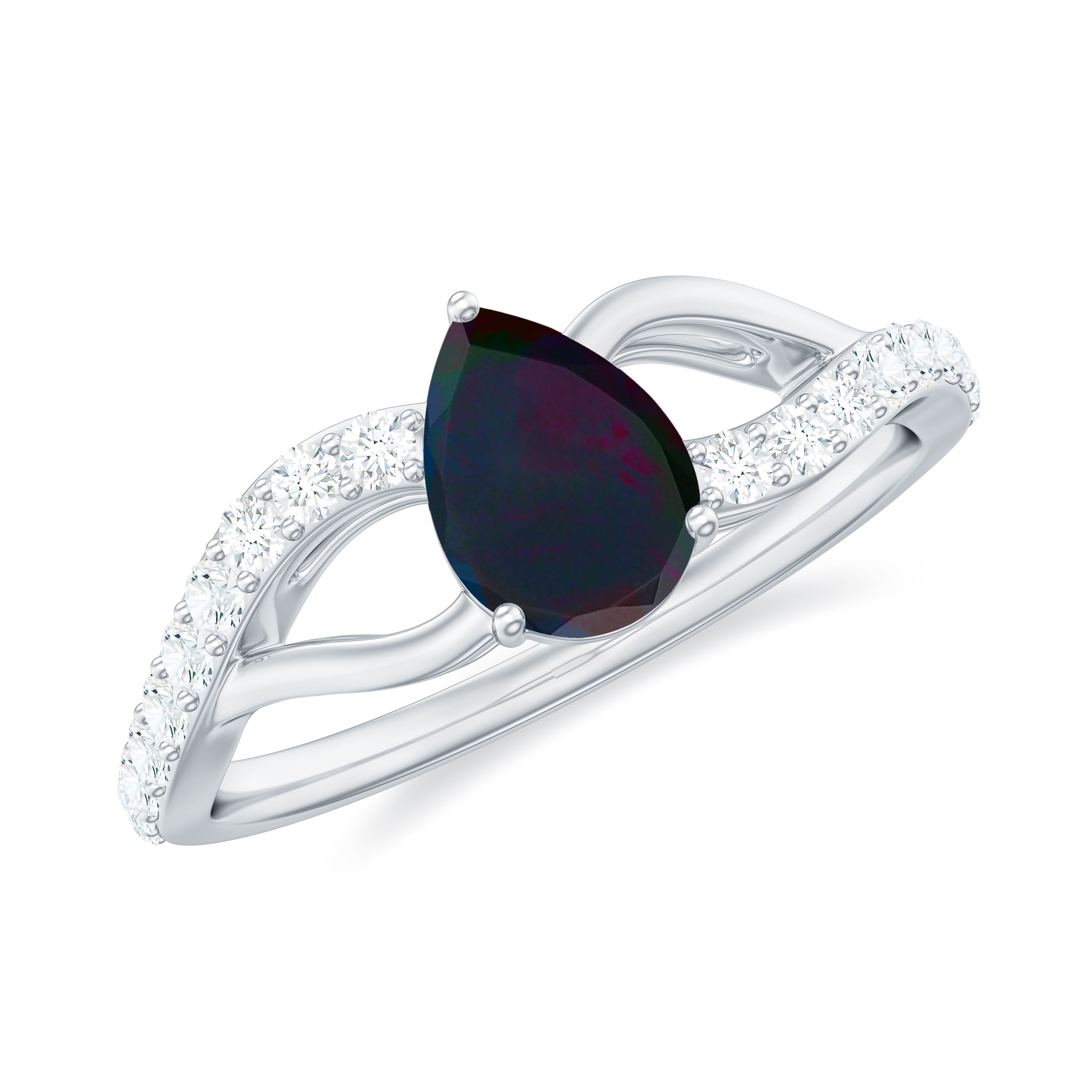 Pear Shape Black Opal Solitaire Split Shank Ring with Diamond (5X7 mm ...