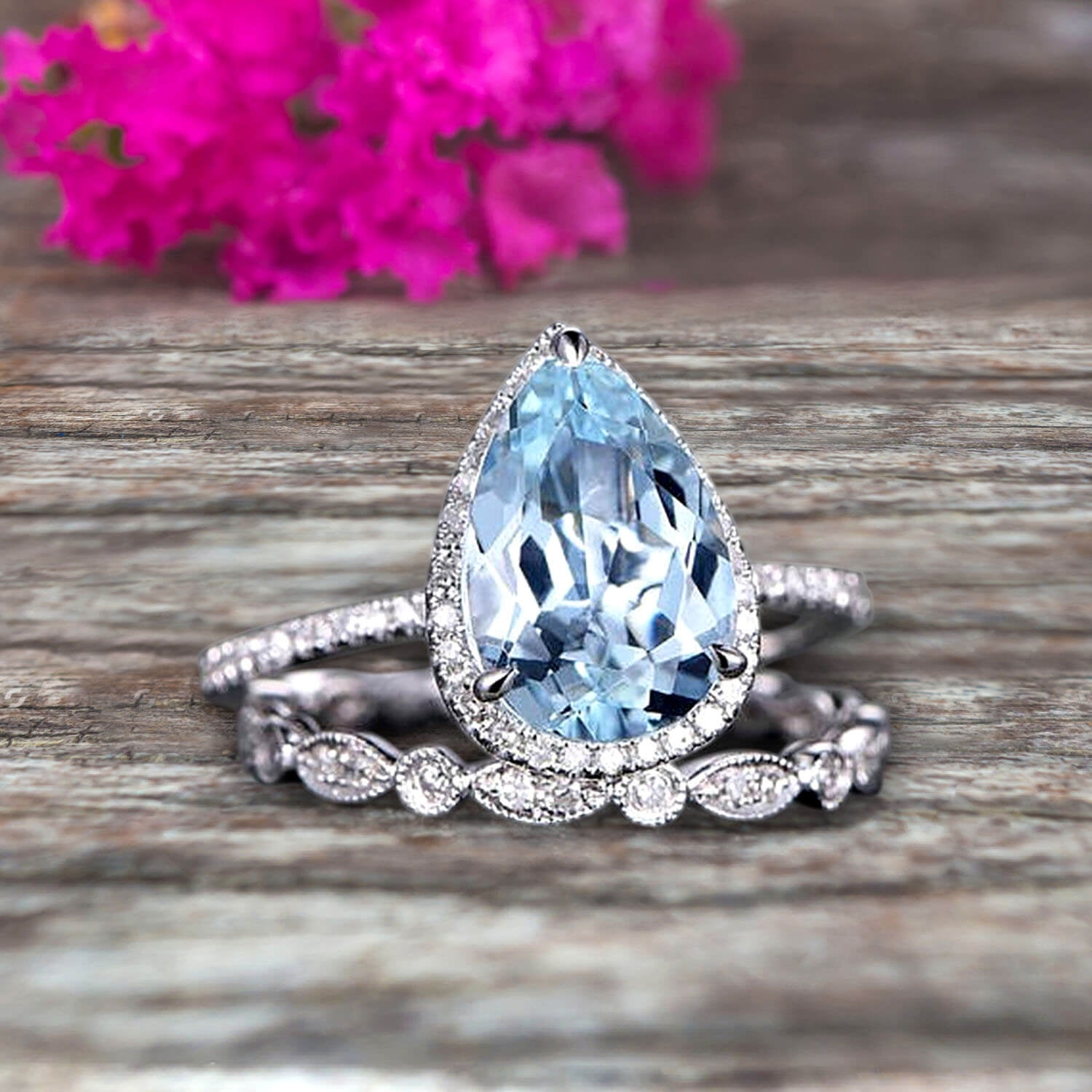 Pear Shape Blue Gemstone With Split Shank Halo Design 1.75 Carat ...