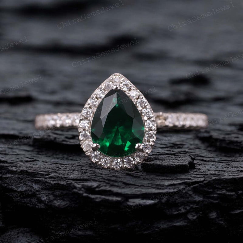 Pear Shape Emerald Wedding Bridal ring 925 Sterling Silver Diamond Halo ...