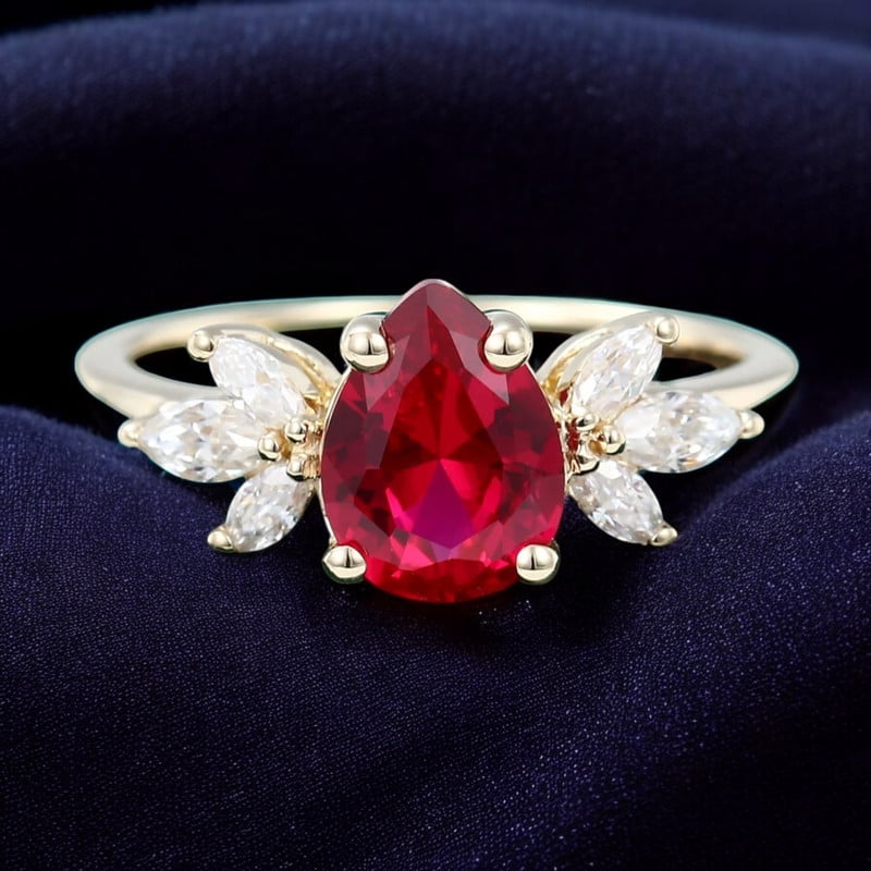 Pear Shape Pink Ruby Statement Ring Marquise Diamond Cluster Engagement Ring For Women July ...