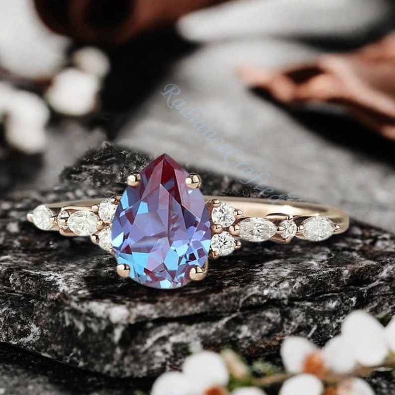 Pear Shaped Alexandrite Engagement Ring Unique Rose Gold Marquise Cut ...