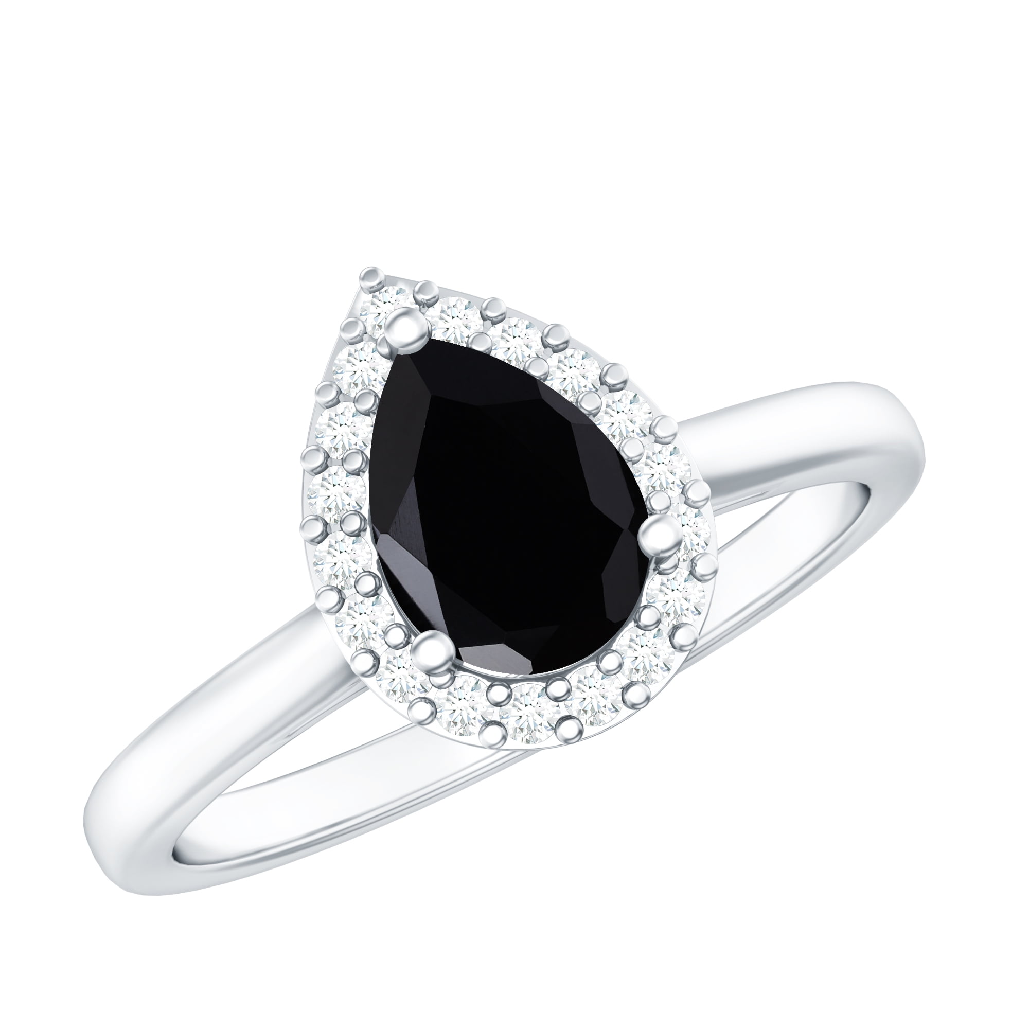 Pear Shaped Black Spinel Ring with Diamond Halo for Women - 5X7 mm - 3/ ...