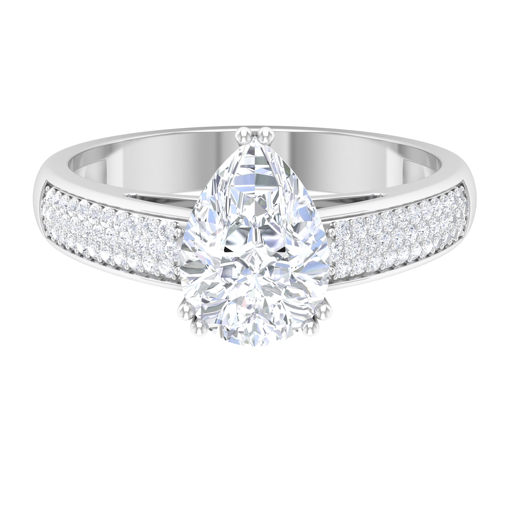 Pear Shaped Moissanite Engagement Ring with Side Stones - 2 Ct - 7X10 mm - D-VS1 Grade, 14K ...