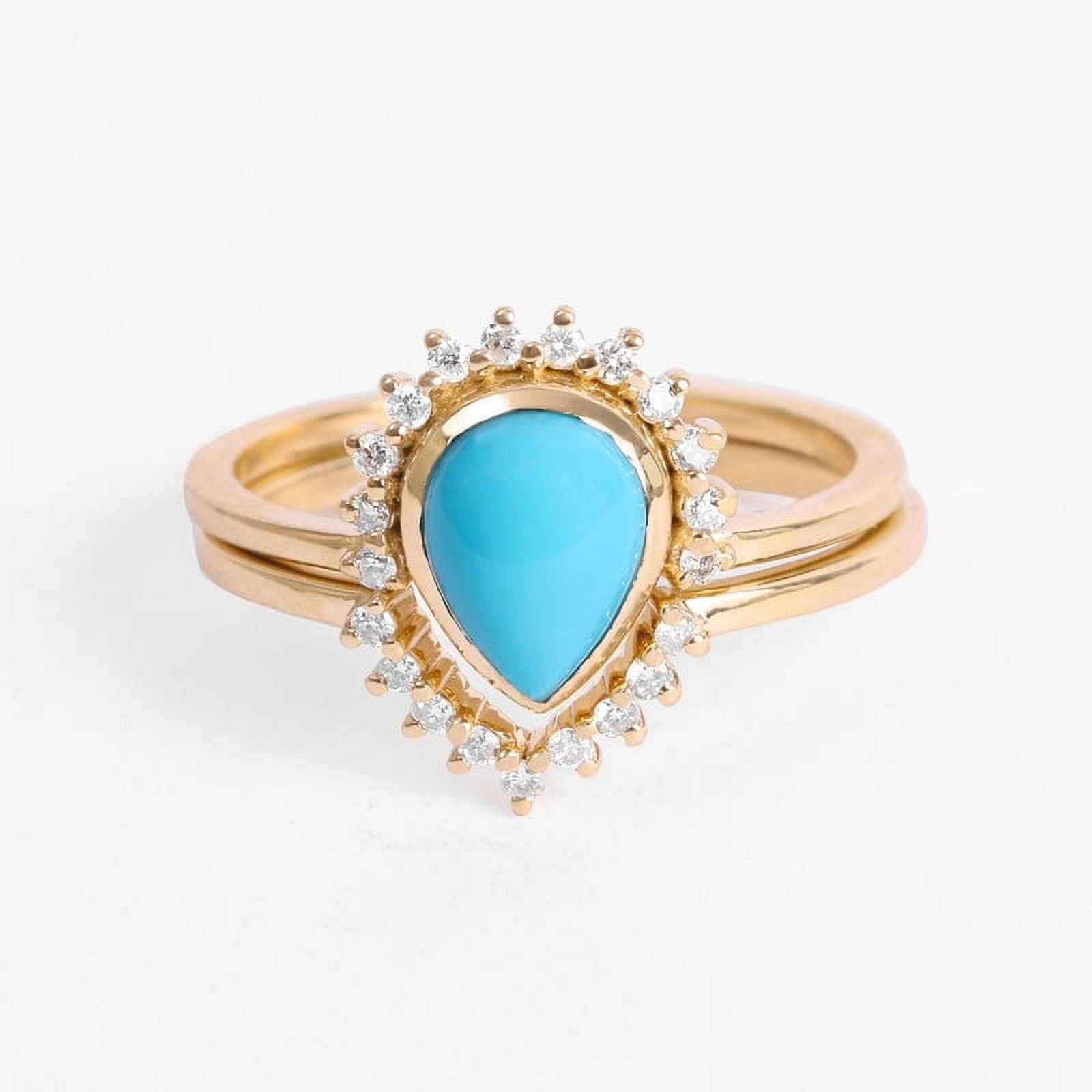 Pear Turquoise Wedding Ring, Diamond Crown Stackable Ring, Two Ring Set ...