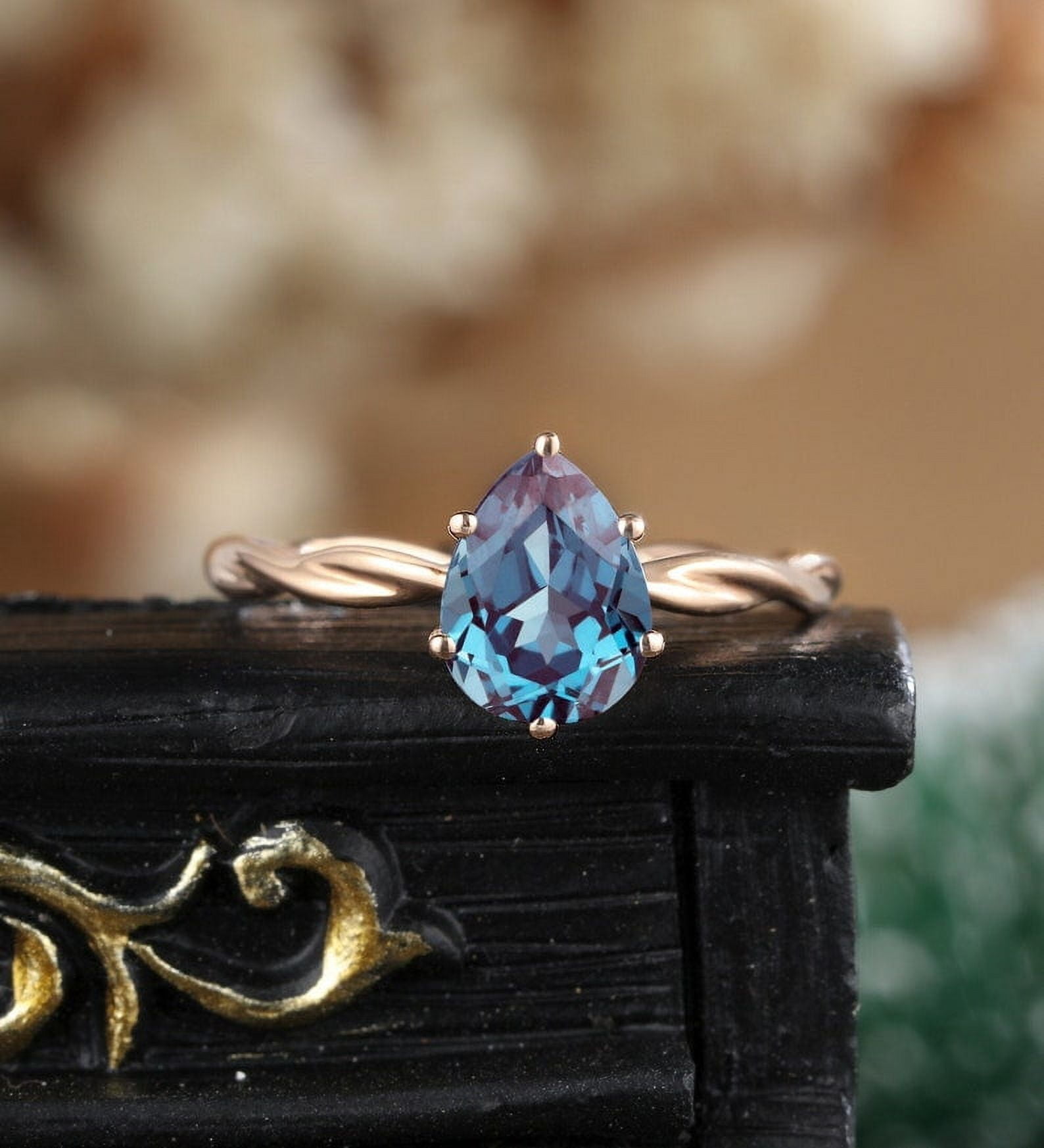 Pear shaped alexandrite engagement ring rose gold, Solitaire twisted ...