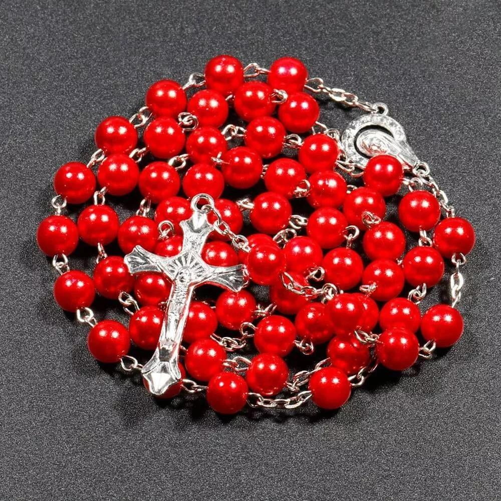 Pearl Bead Rosary Catholic Necklace Religious Cross Crucifix Virgin ...