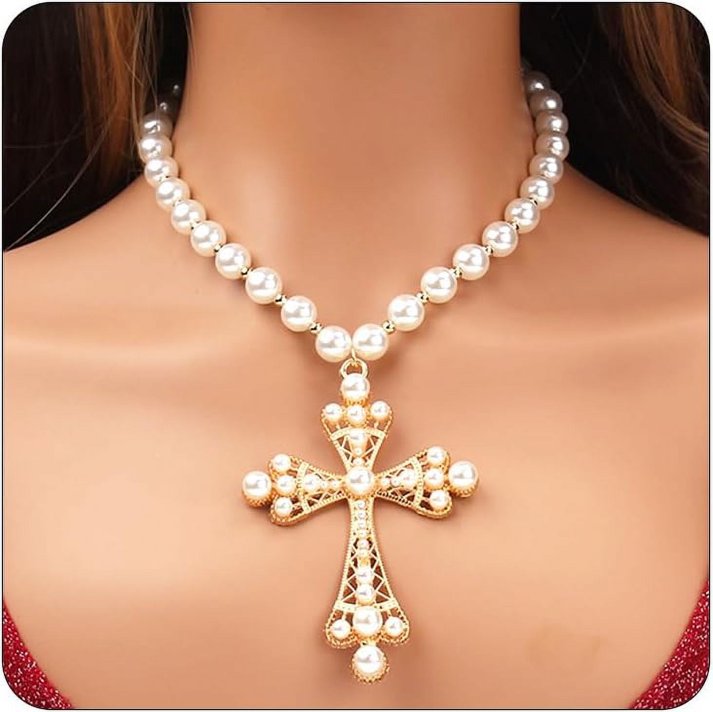 Pearl Cross Necklace Fine ideal for Women,Gothic Gold Chunky Long ...