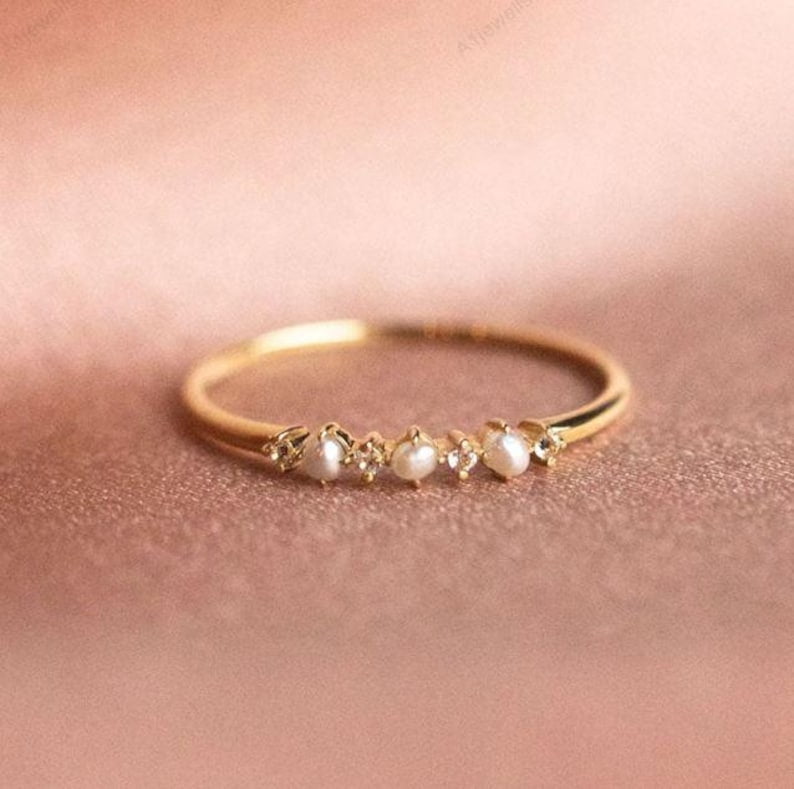 Pearl Diamond Wedding Band Women Rose Gold Pearl Matching Band Akoya ...