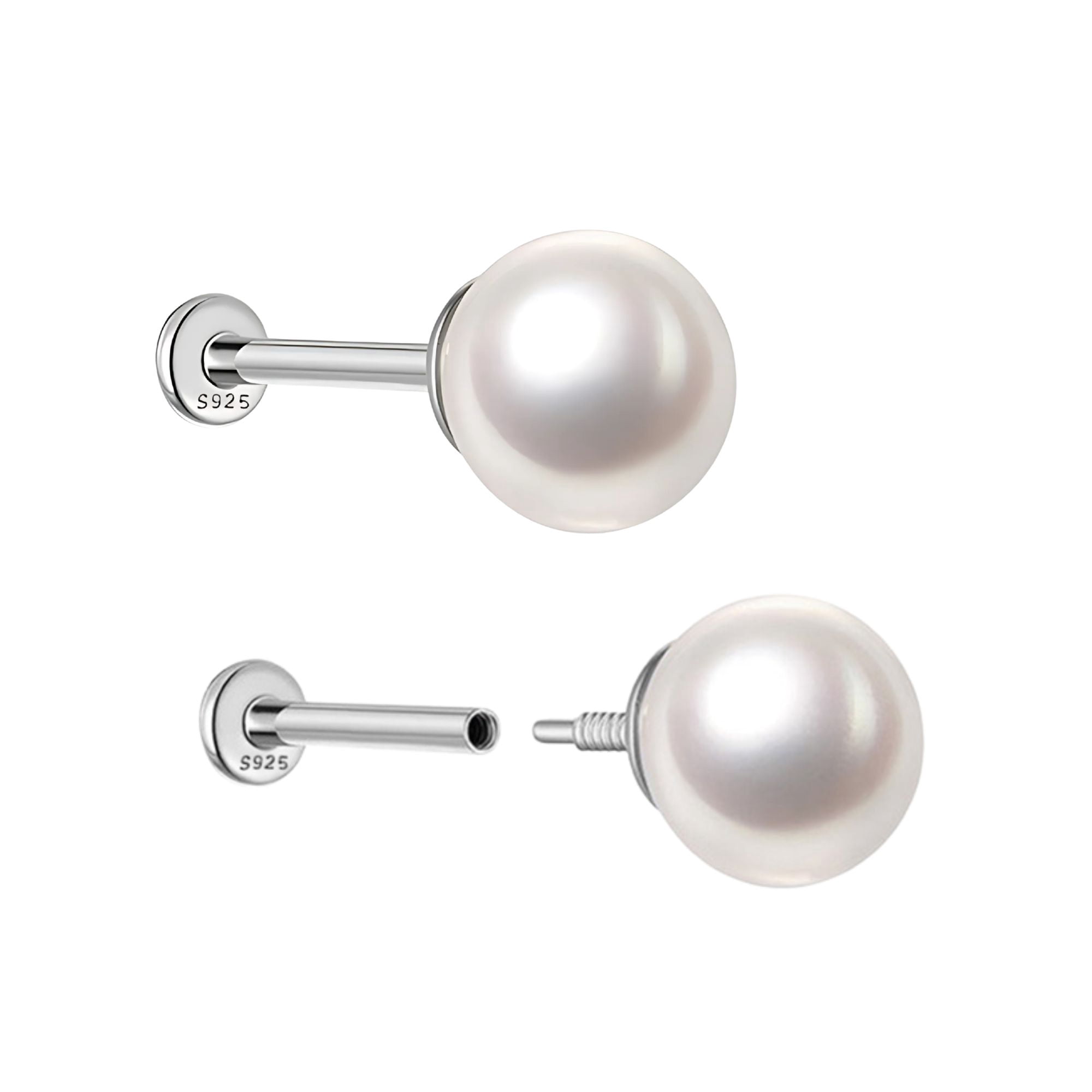 Pearl Flat Back Earrings for Women Sterling Silver Cartilage Helix ...