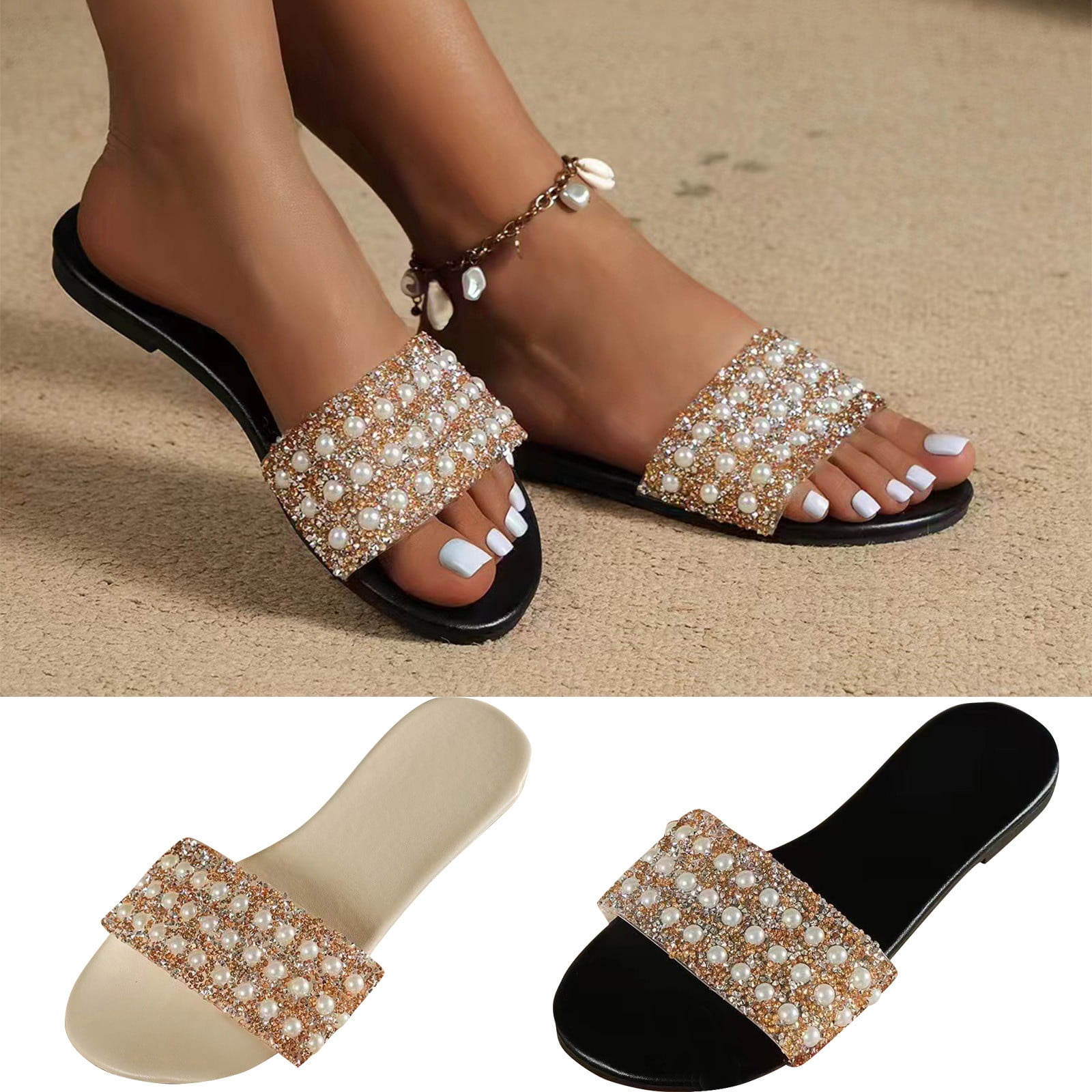 Pearl Flip Flops New Summer Oversized Flat Bottomed Round Toe Sandals ...