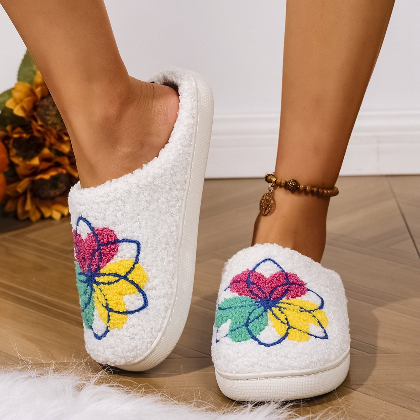 Pearl Fuzzy Scuff Slippers Womens Soft Comfy Memory Foam Non Indoor ...