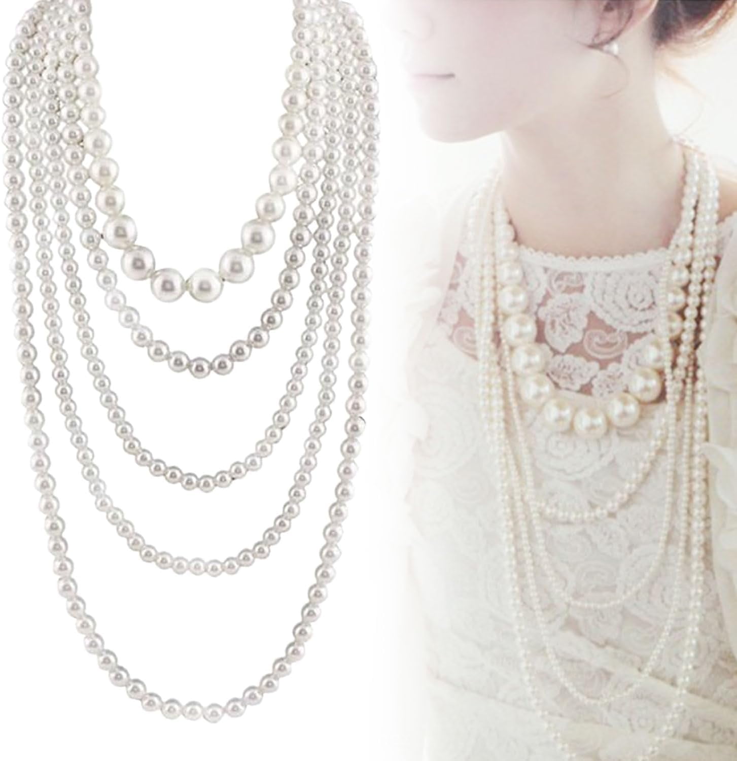 Pearl Necklace For Women Multi Long Strand Layered Pearl Necklaces ...