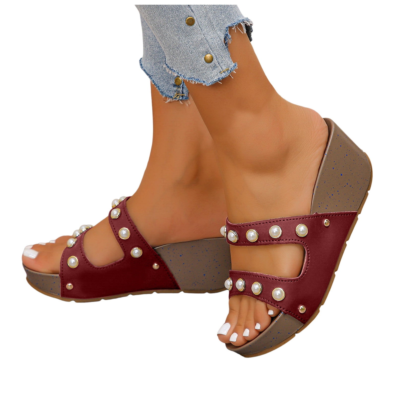 Pearl Platform Wedge Slides Sandals for Women 2025 Summer Comfortable ...