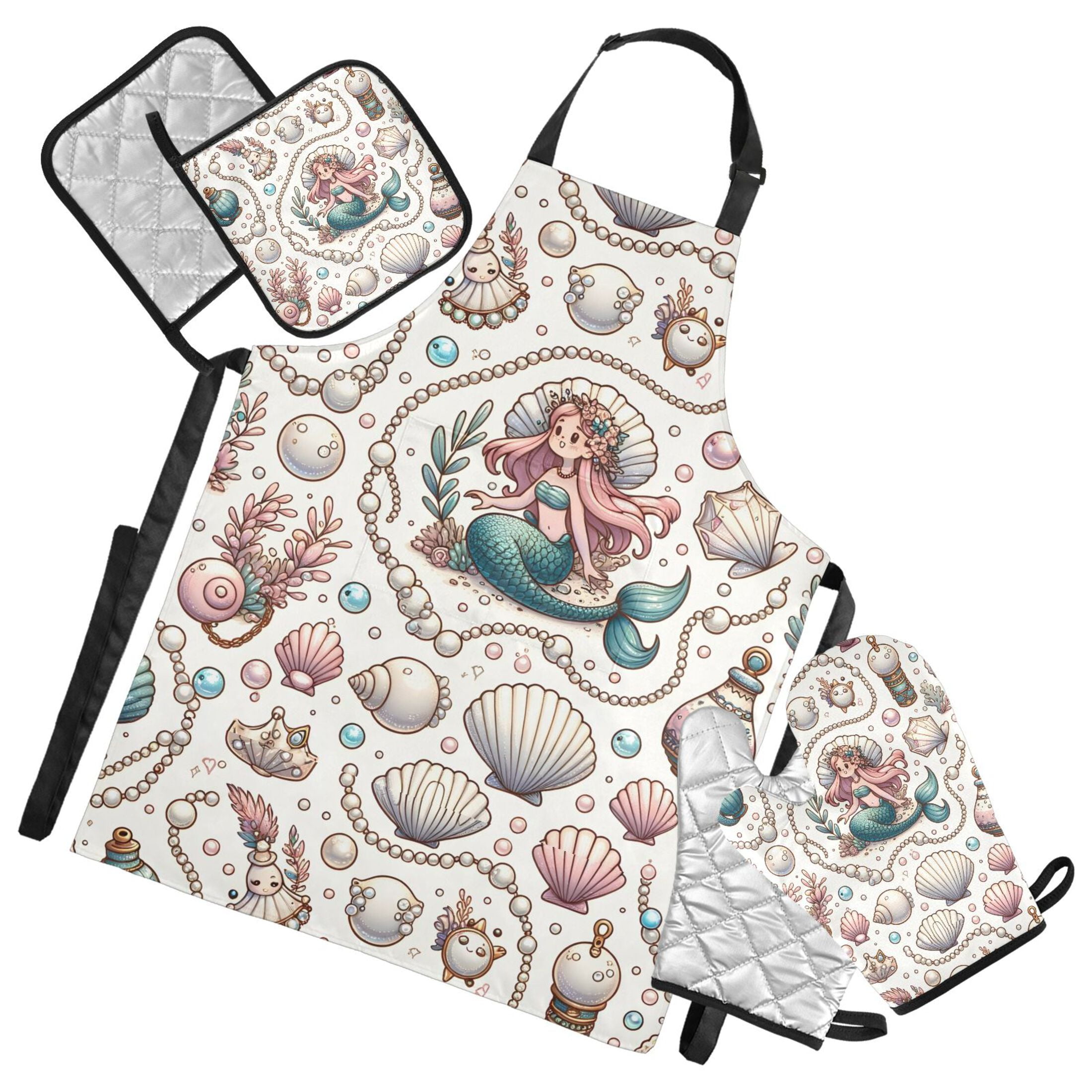 Pearl Shell Mermaid Plant 5 Pcs Kitchen Set Heat Resistant Oven Mitts ...