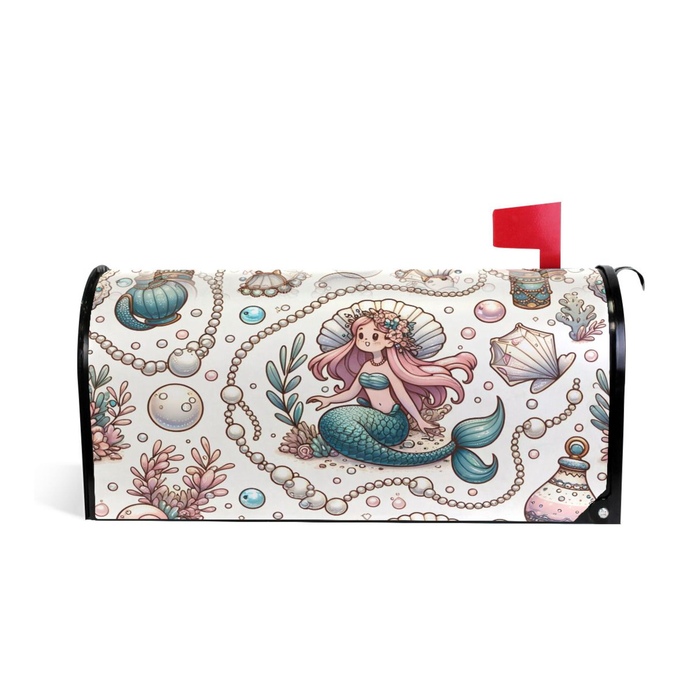 Pearl Shell Mermaid Plant Magnetic Mailbox Covers 25.5" X 21" Post ...