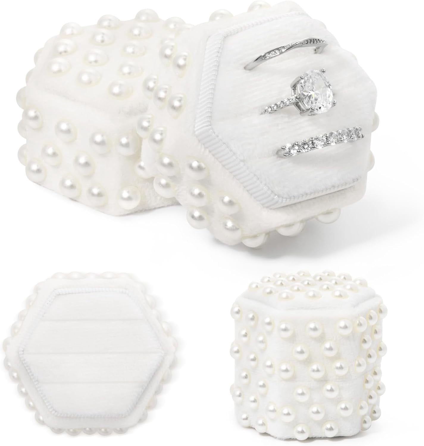 Pearl Velvet Ring Box 3 Slots Jewelry Ring Box with Pearl Wedding Decor ...