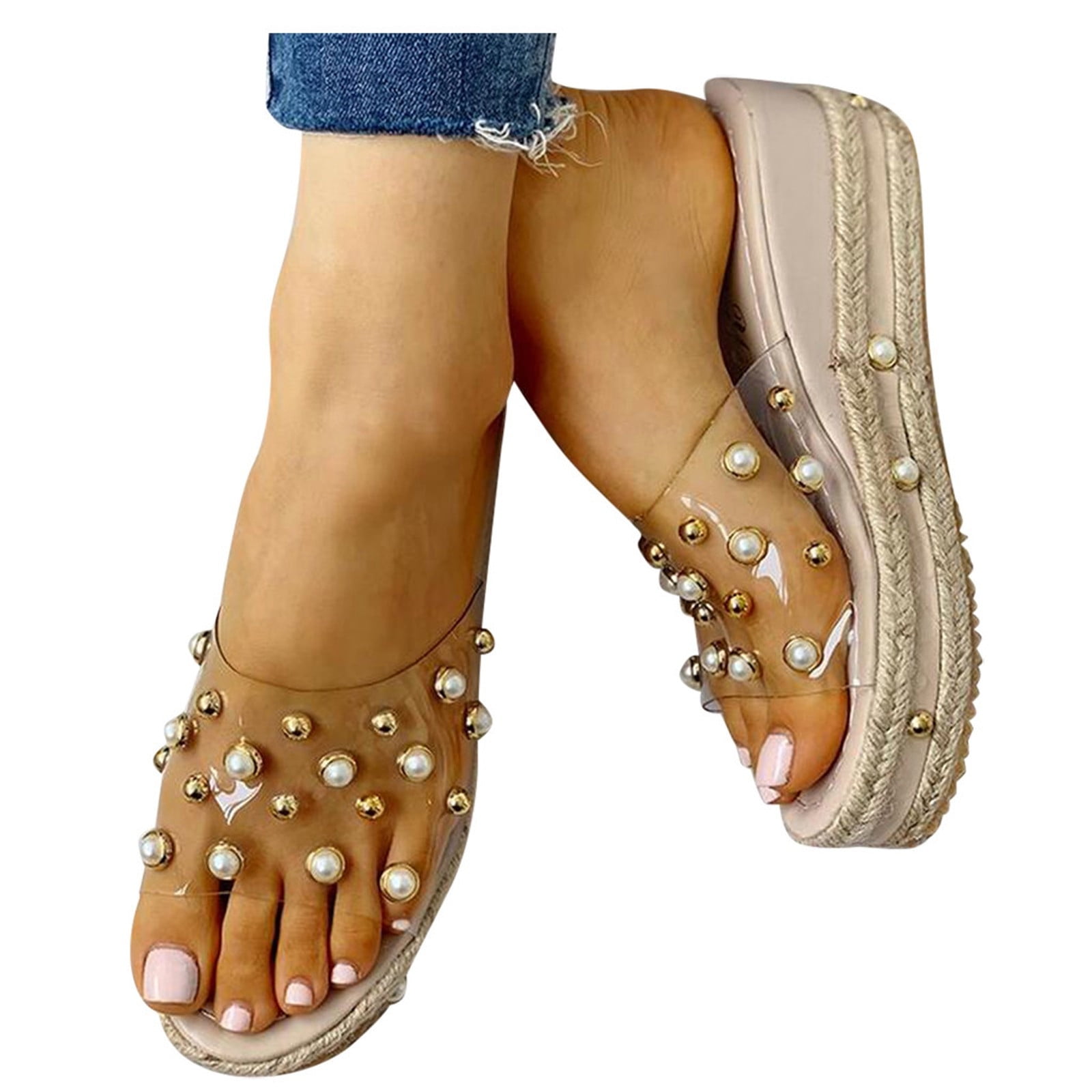 Pearl Wedge Slides Sandals for Women Espadrilles Flatform Wedges Sandal ...