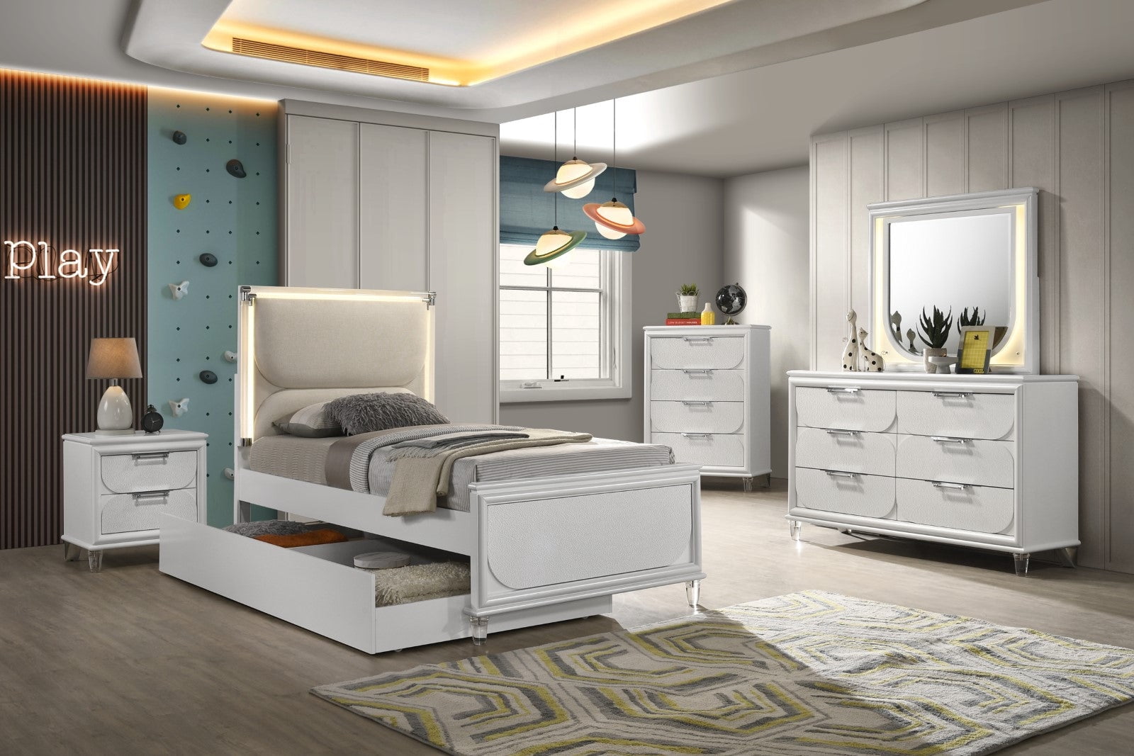 Pearl White Glamorous 6pc Bedroom Set Full Size Bed w Trundle Embossed ...
