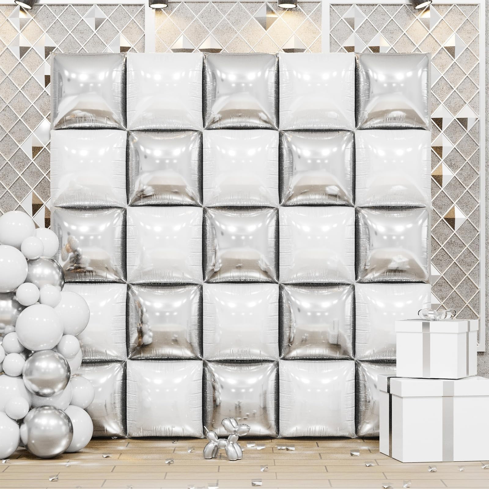 Pearl White and Silver IFF17 Double Sided Square Balloons Wall,19 ...