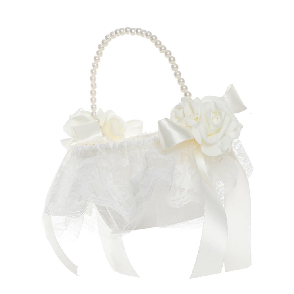 Pearls Bridal Basket For Flower Girls Small Size White Petal Holder ...