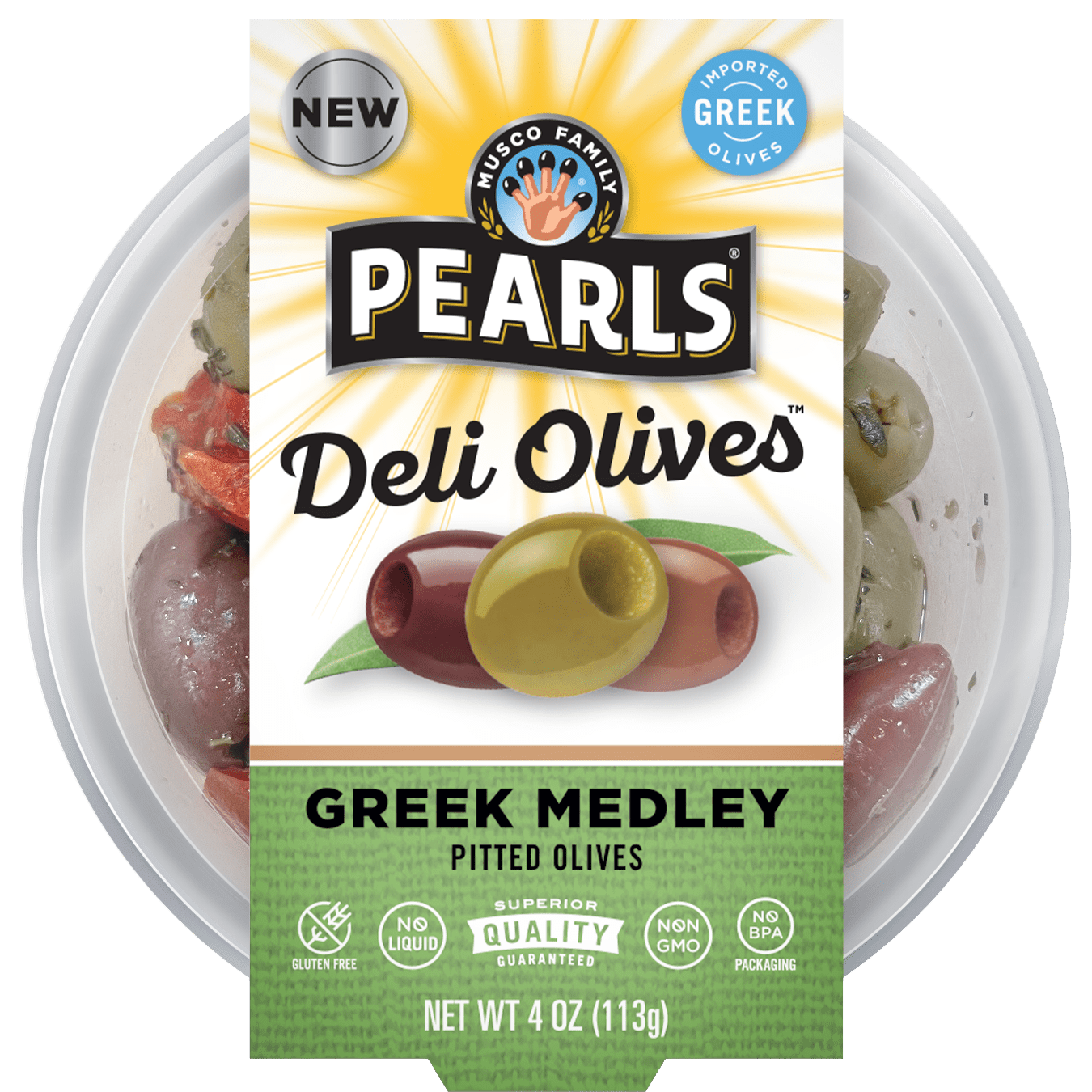 Pearls Deli Olives Greek Medley Pitted Olives 4oz Tub. Major Allergens ...