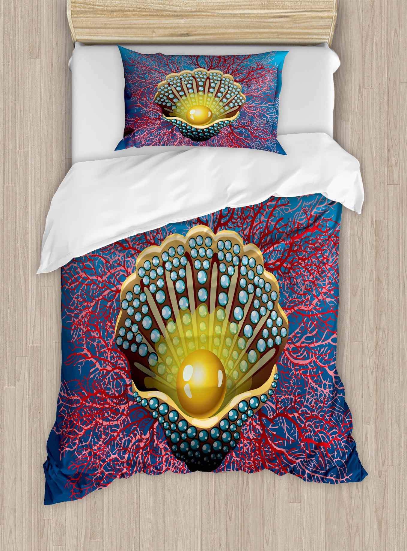 Pearls Duvet Cover Set, Giant Majestic Unique Pearl Mussel and Ivy ...