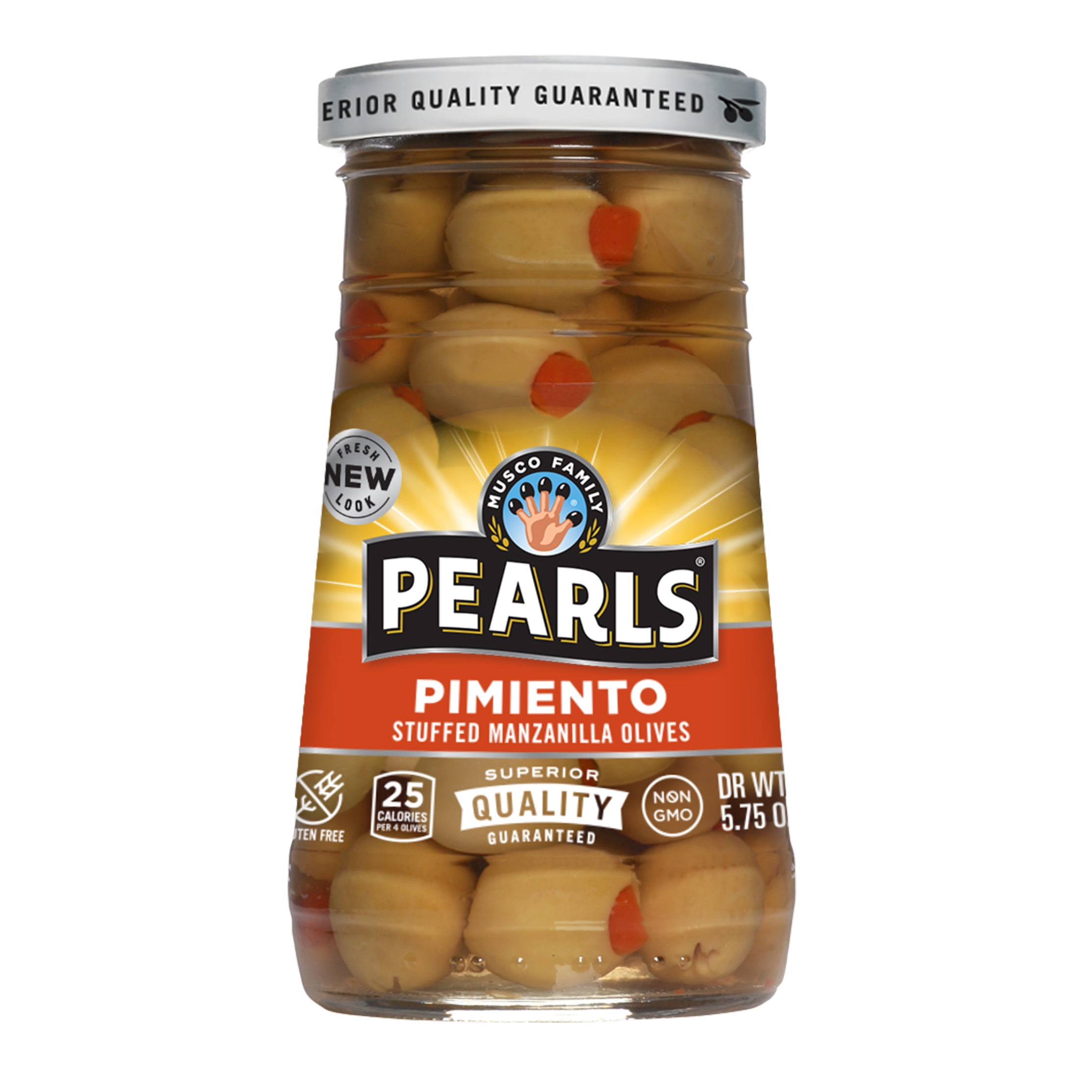 Pearls Manzanilla Olives, Pimiento Stuffed, 5.75 oz Jar. Allergens Not ...