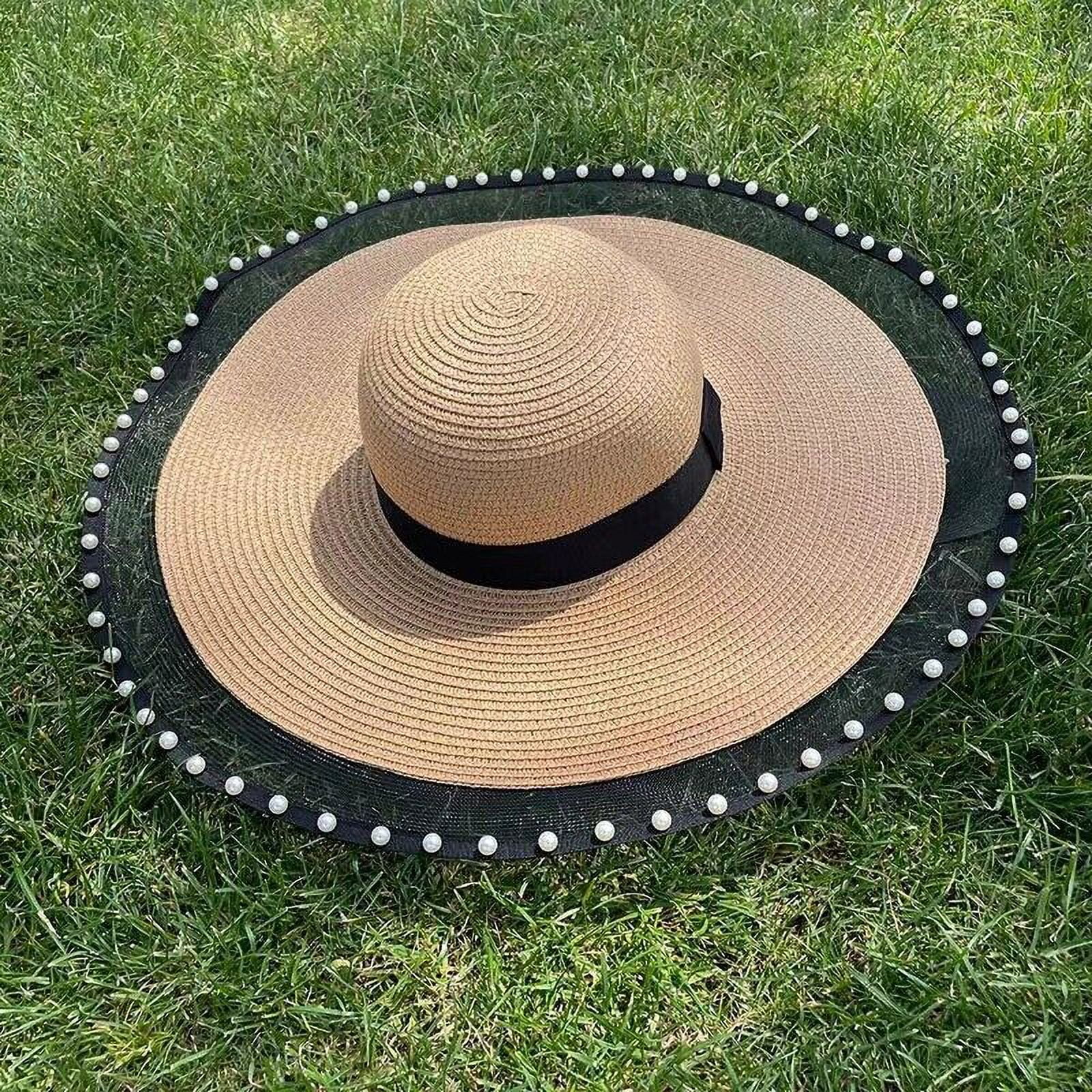 Pearls Summer Uv Beach Cap Wide Brim Sun Protection Straw Hat Folable