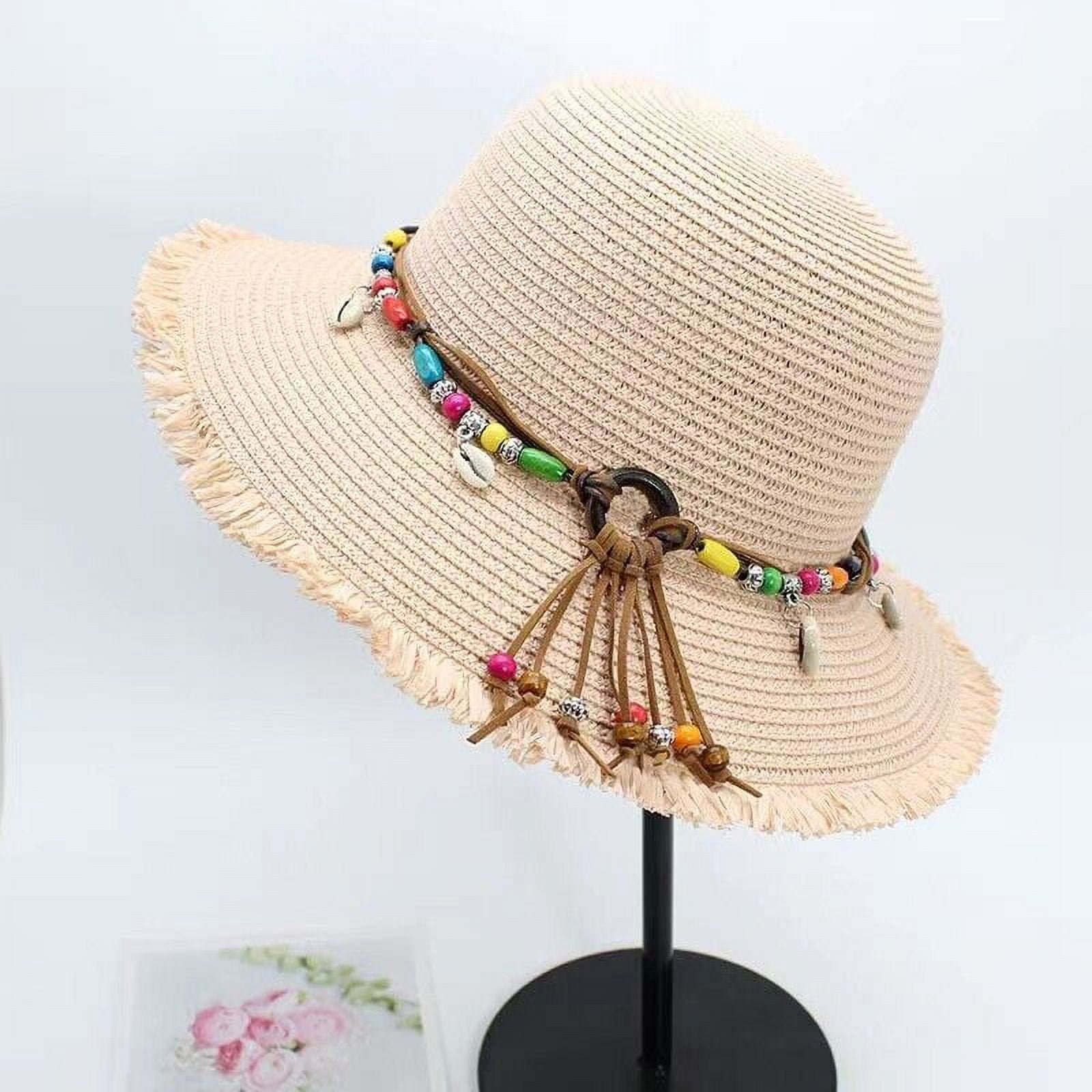 Pearls Summer Uv Beach Cap Wide Brim Sun Protection Straw Hat Folable