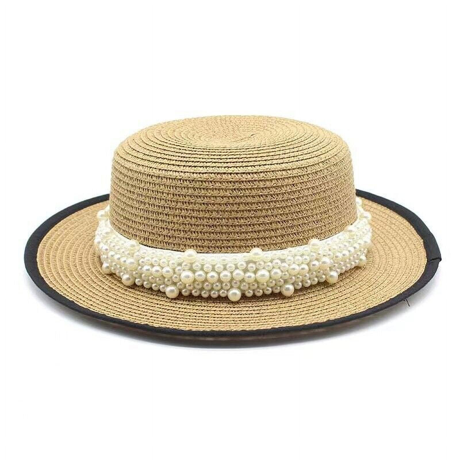 Pearls Summer Uv Beach Cap Wide Brim Sun Protection Straw Hat Folable