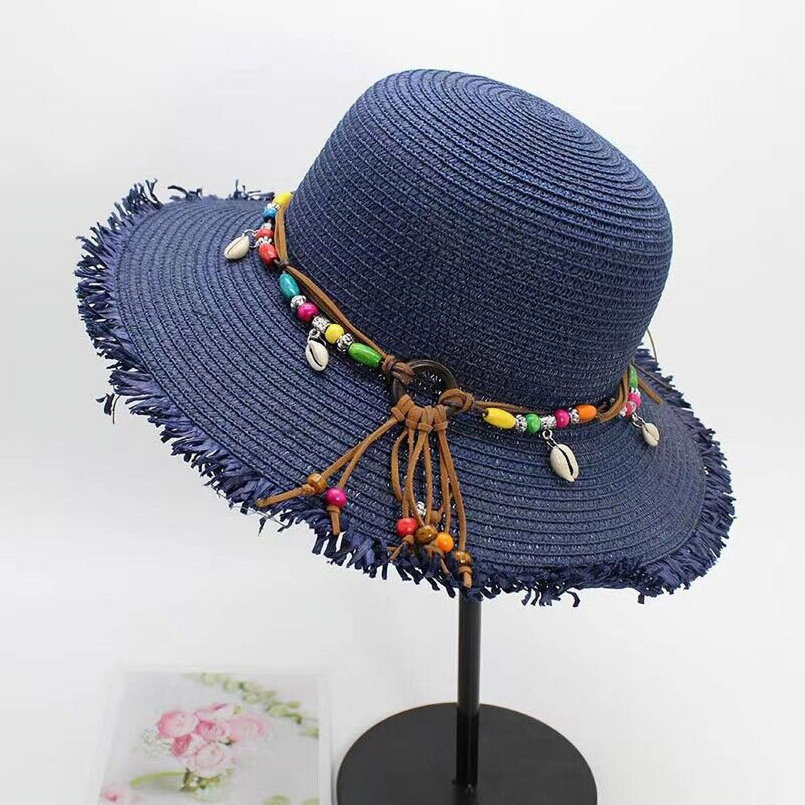 Pearls Summer UV Beach Cap Wide Brim Sun Protection Straw Hat Folable ...