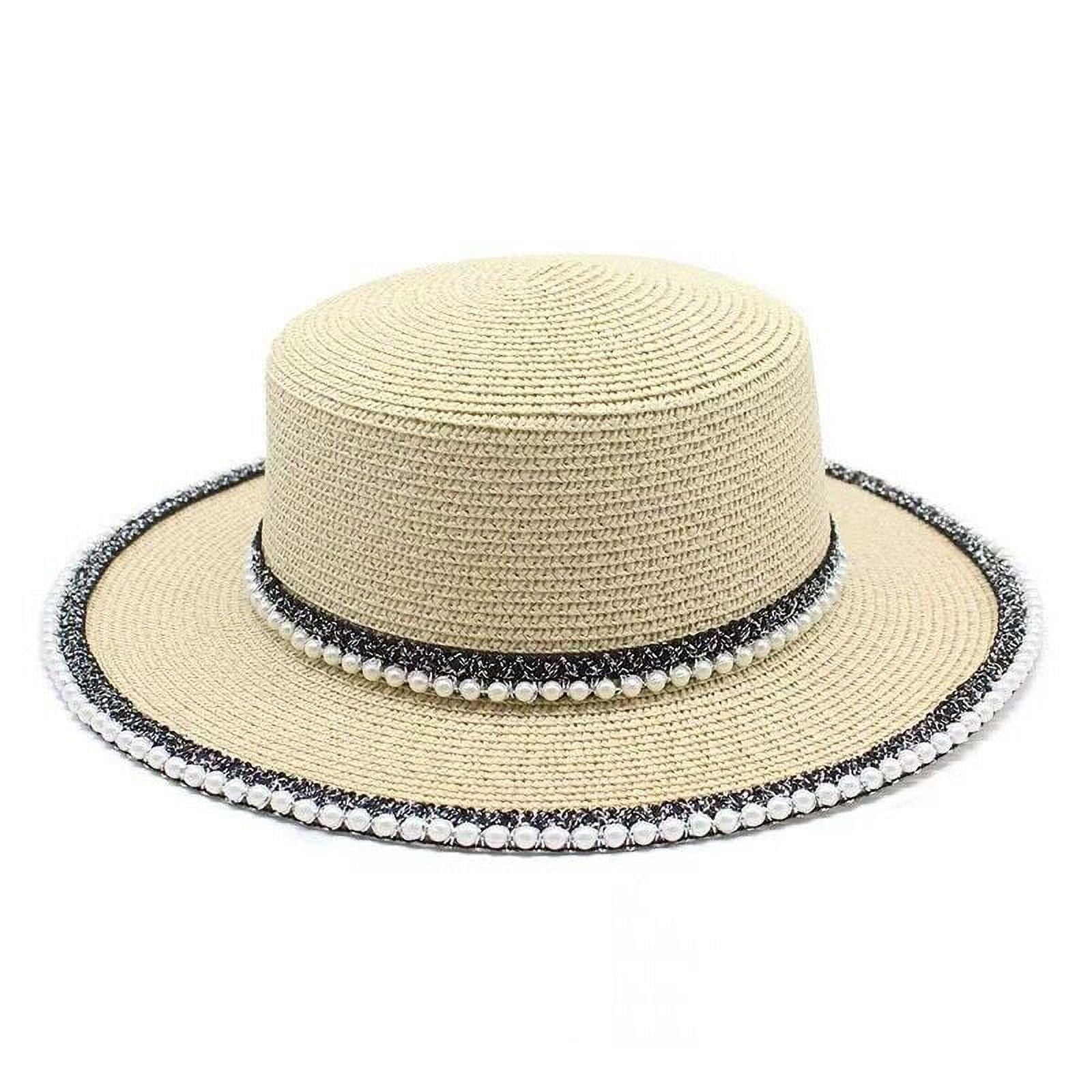 Pearls Summer Uv Beach Cap Wide Brim Sun Protection Straw Hat Folable
