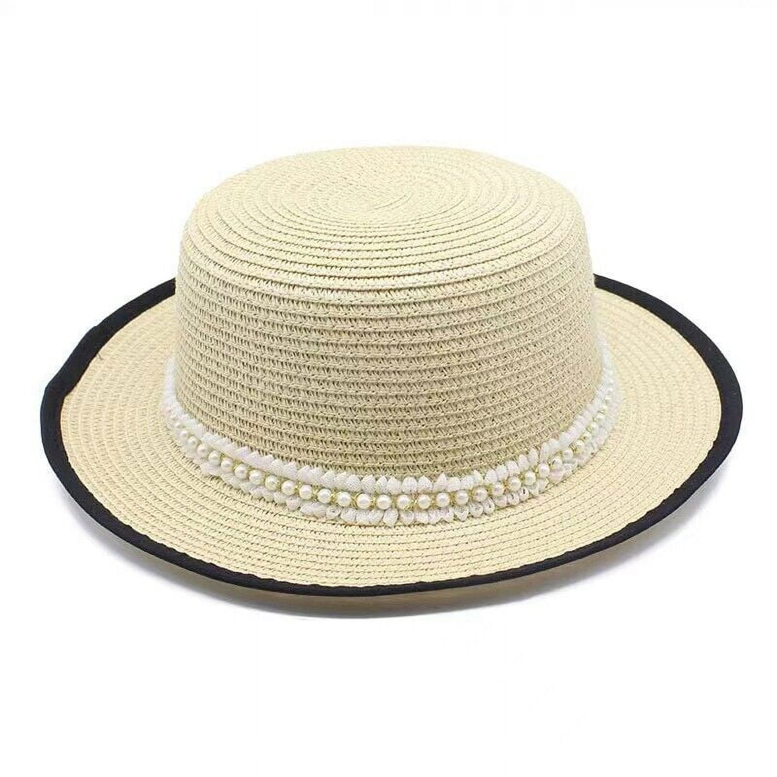 Pearls Summer Uv Beach Cap Wide Brim Sun Protection Straw Hat Folable
