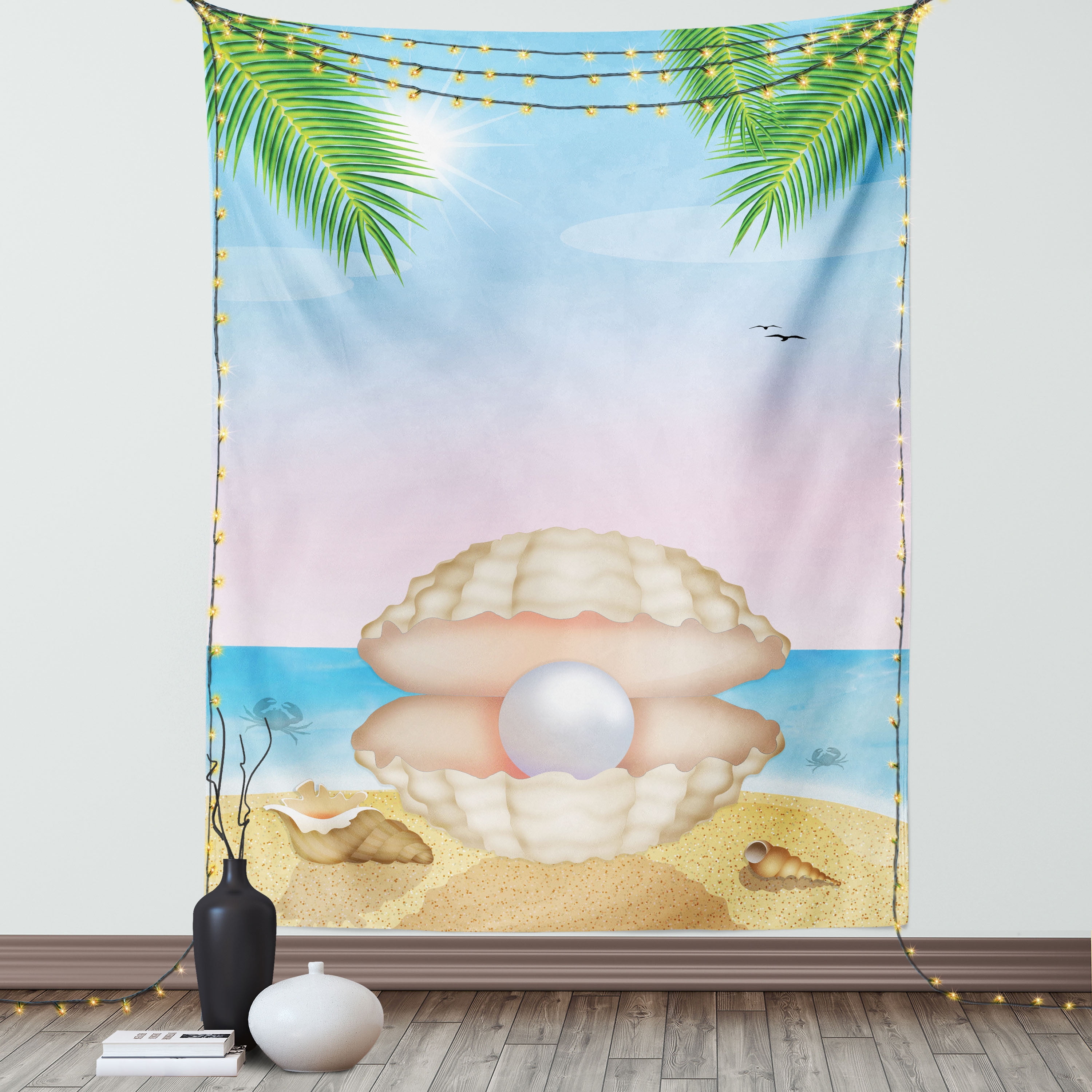 Pearls Tapestry, Pearl in Big Shell on Tropic Sandy Beach Sun Rays and ...