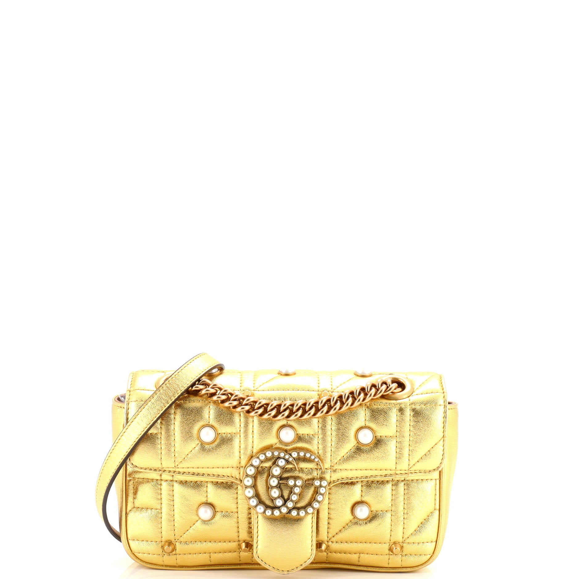 Pre-Owned Pearly GG Marmont Flap Bag Embellished Matelasse Leather Mini ...