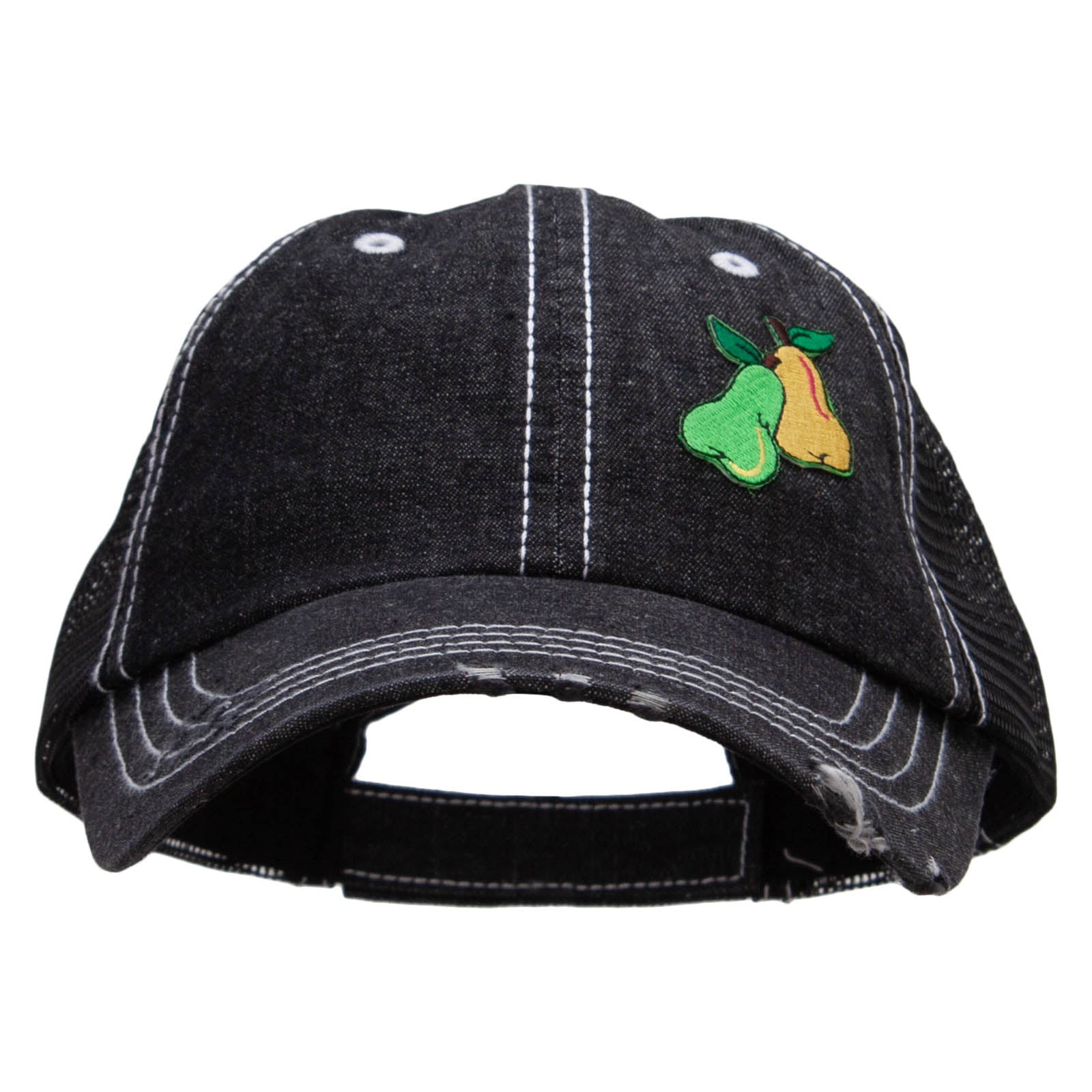 Pears Fruit Patched 6 Panel Denim Frayed Mesh Cap - Denim Black OSFM ...
