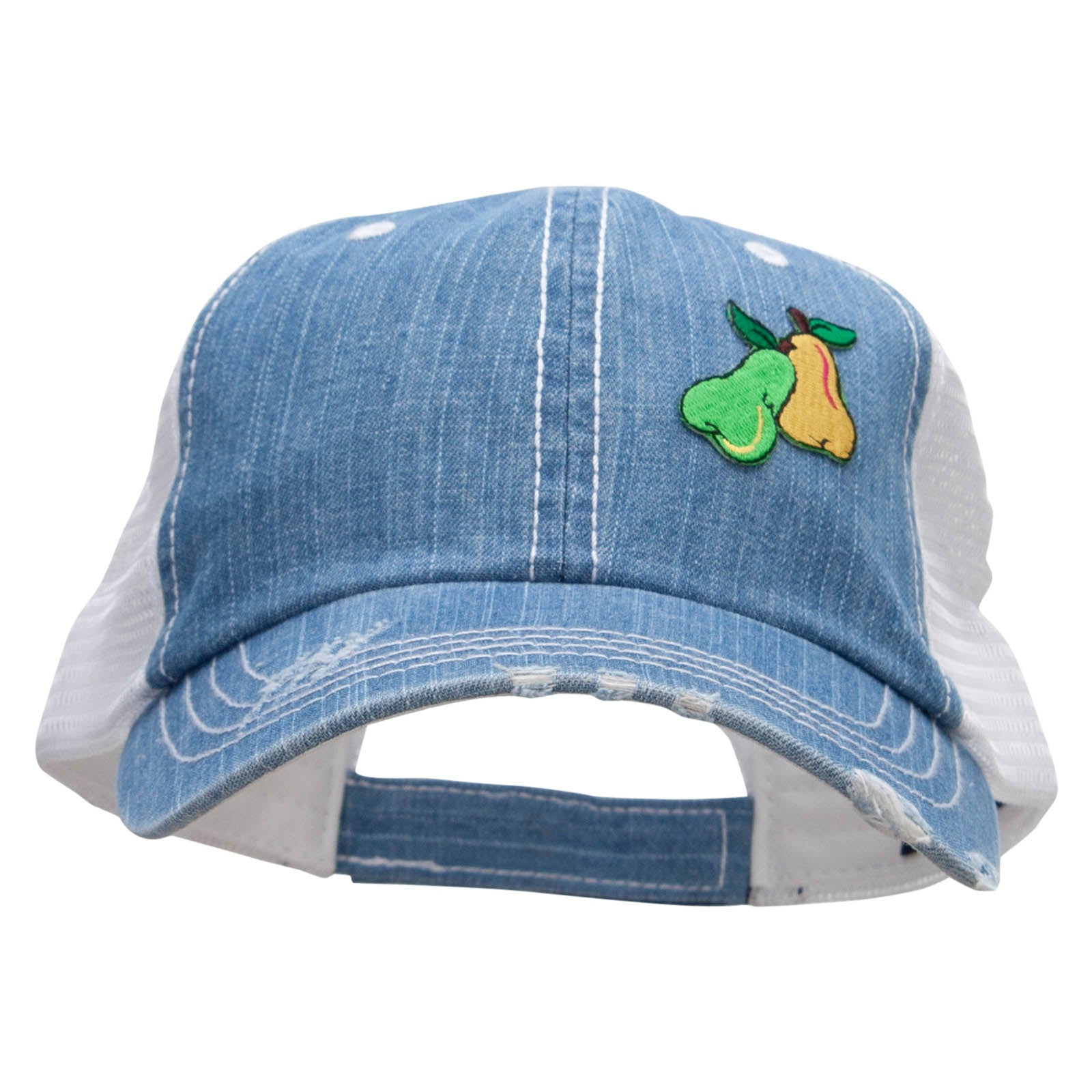 Pears Fruit Patched 6 Panel Denim Frayed Mesh Cap - Denim Blue OSFM ...