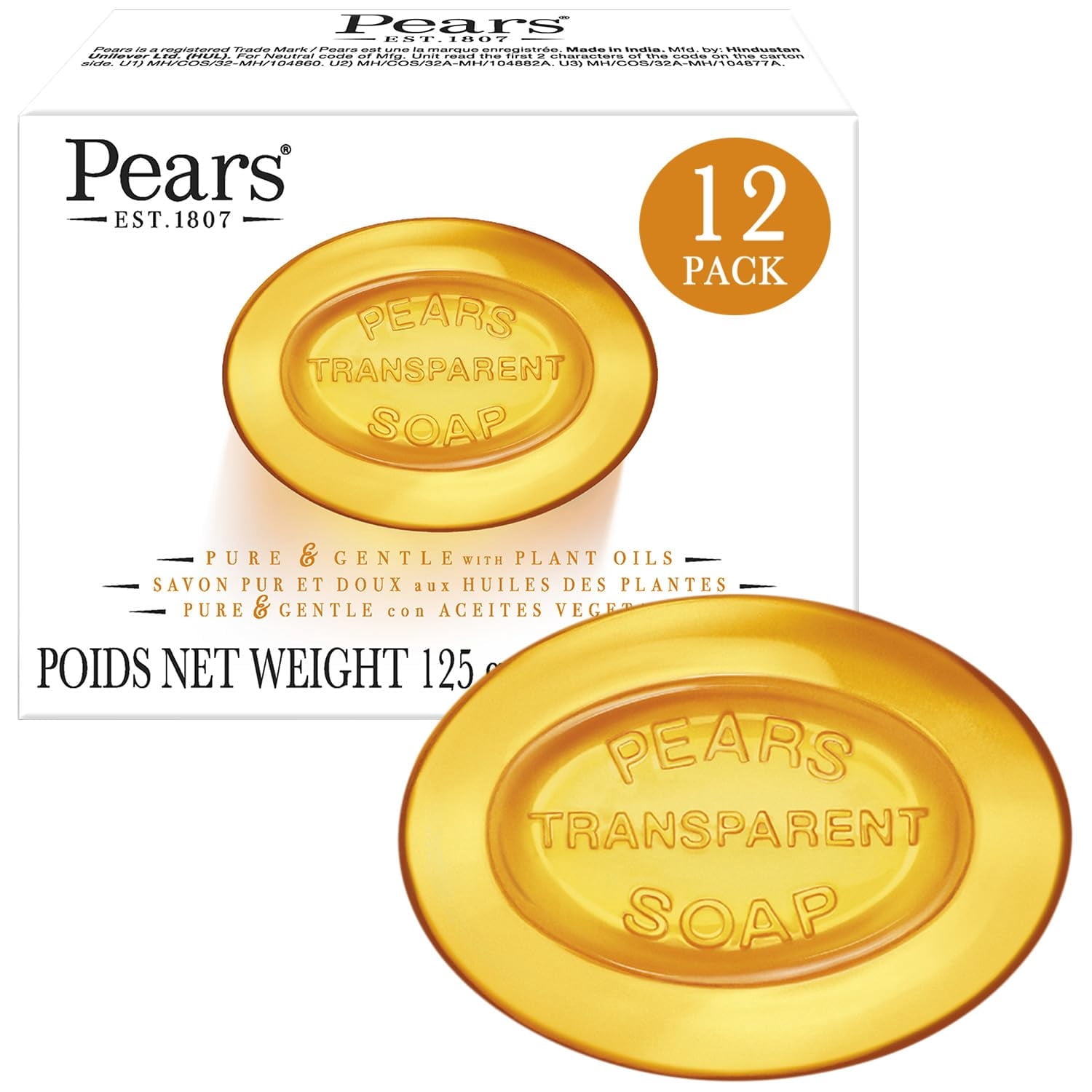 Pears, Face & Body Soap, Amber, 4.4 Oz pack of 12 with natural oils ...
