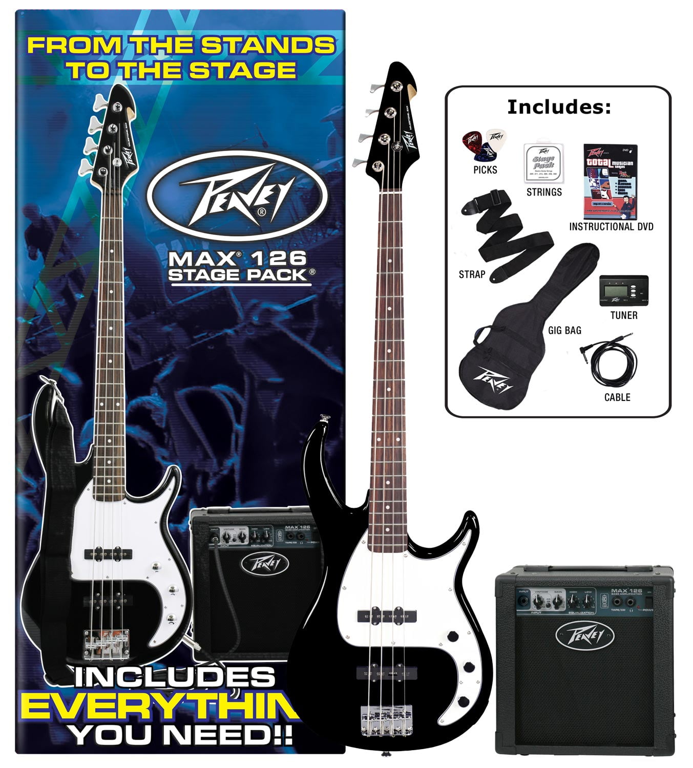 Peavey MAX BASS PACK BLK 120US W/ Digital Tuner & Max 126 Practice Amp ...